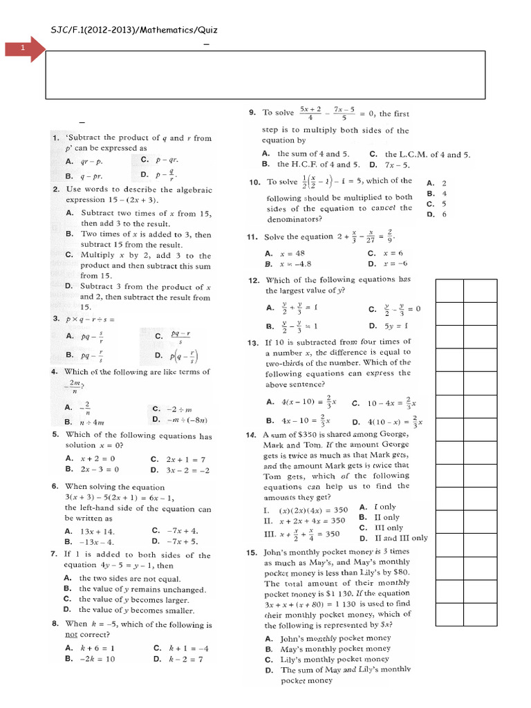Algebra Problem-Solving Quiz | PDF | Mathematics | Algebra