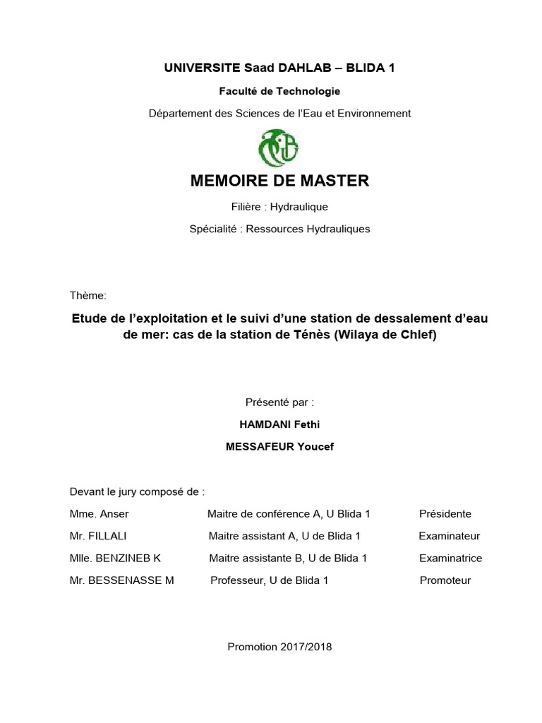 Memoire de Master: Universite Saad Dahlab - Blida 1 | PDF
