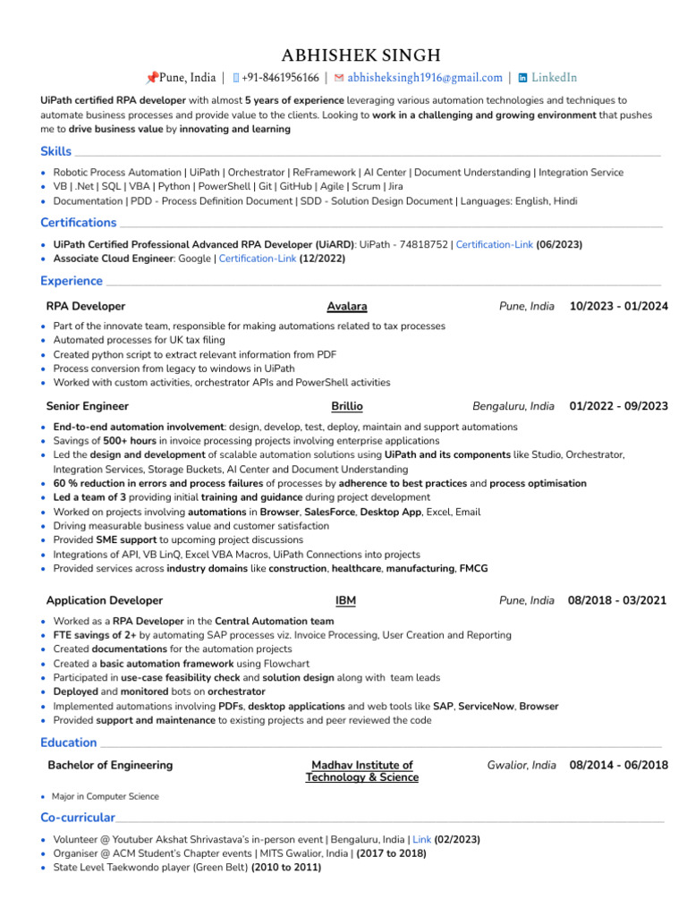 CV RPA-Abhishek Singh PDF | PDF | Visual Basic For Applications | Microsoft Excel