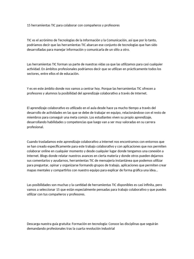 15 Herramientas TIC para Colaborar Con Compañeros y Profesores | PDF