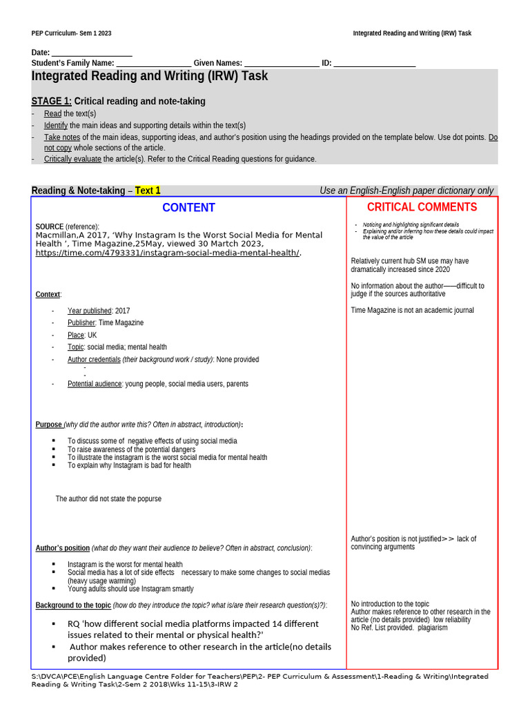 IRW Note-taking template | PDF
