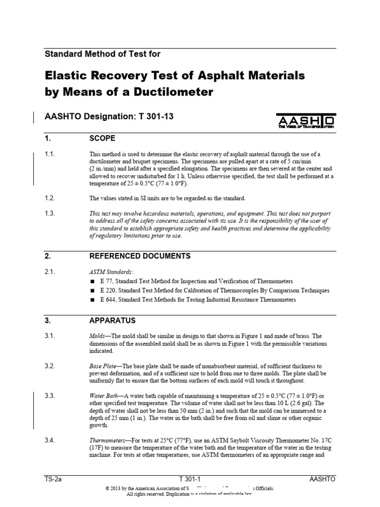 AASHTO Designation T 301-13 Elastic Recovery Test of Asphalt Materials ...
