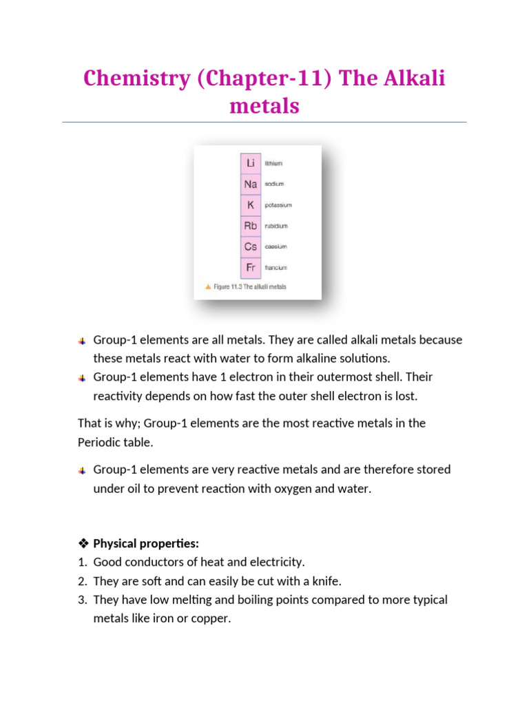 Chemistry (Chapter 11) The Alkali Metals | PDF