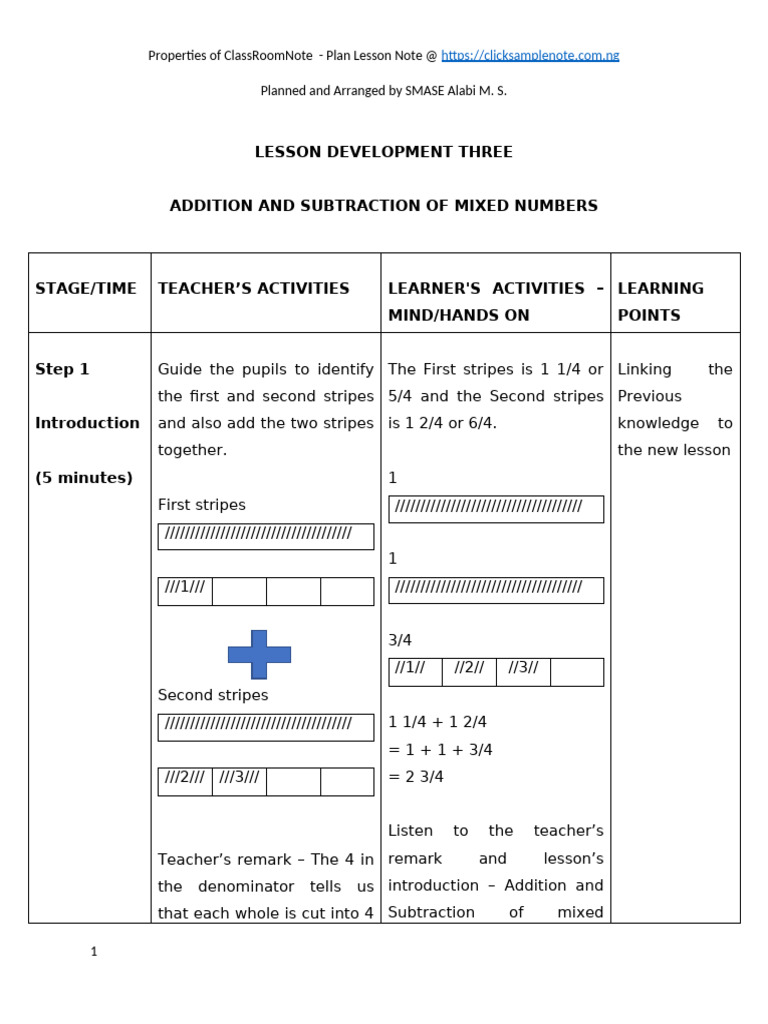 Addition and Subtraction of Mixed Numbers Docx 1 | PDF
