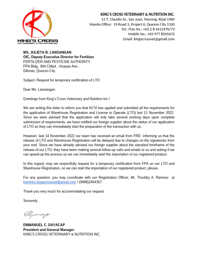 SIGNED - Kings Cross Vet Letter of Request - FPA LTO | PDF