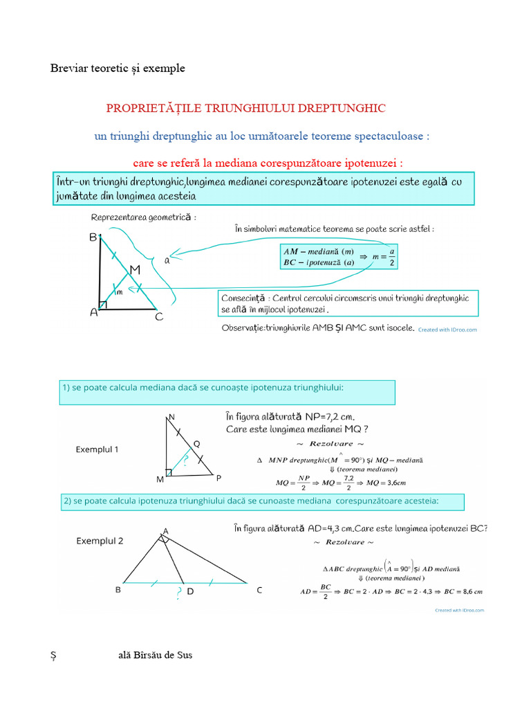 Breviat Teoretic Si Exemple Proprietatile Triunghiului Dreptunghic ...