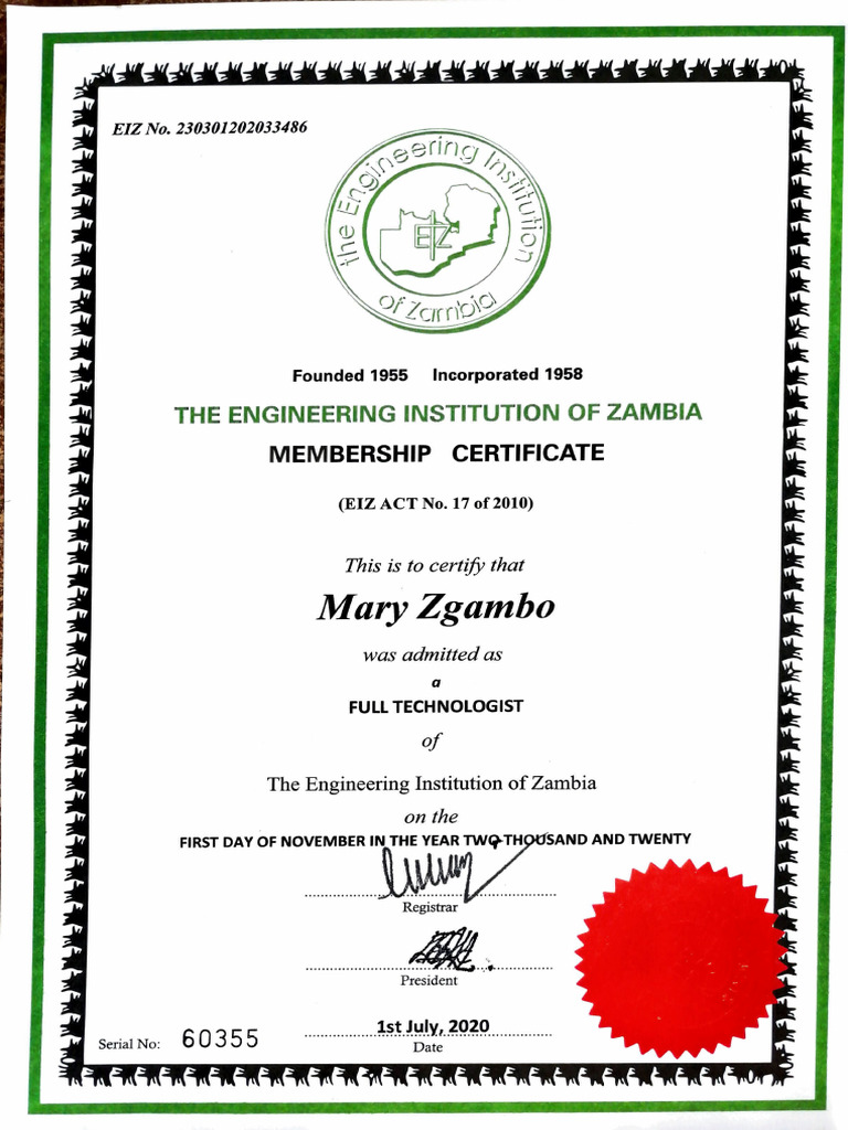 EIZ Certificate - Mary Zgambo | PDF