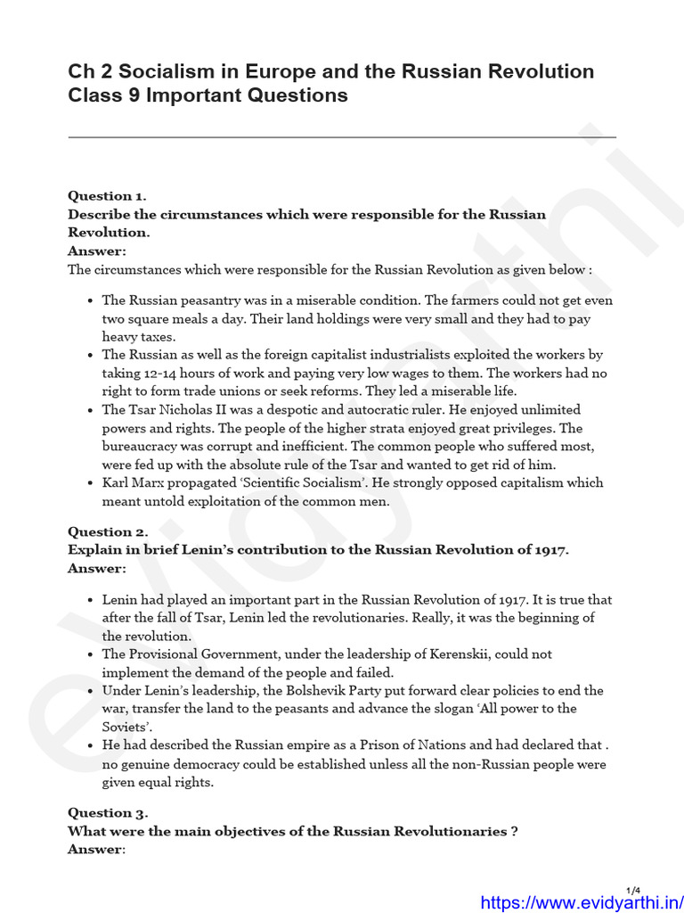 Important Question Cbse Class 9 History Chapter 2 Socialism in Europe and The Russian Revolution ...