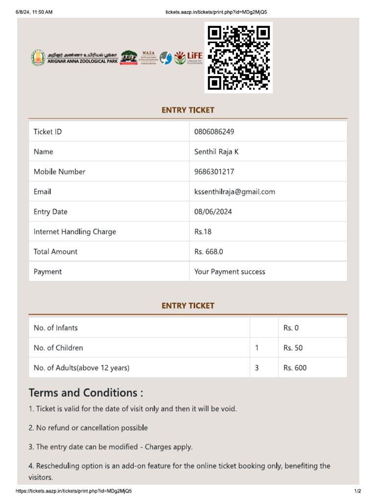 Vandalur Zoo Ticket | PDF