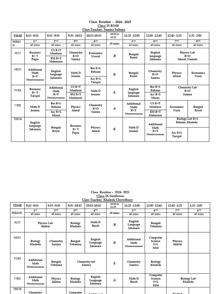 Class Routine 2024-2025 | PDF