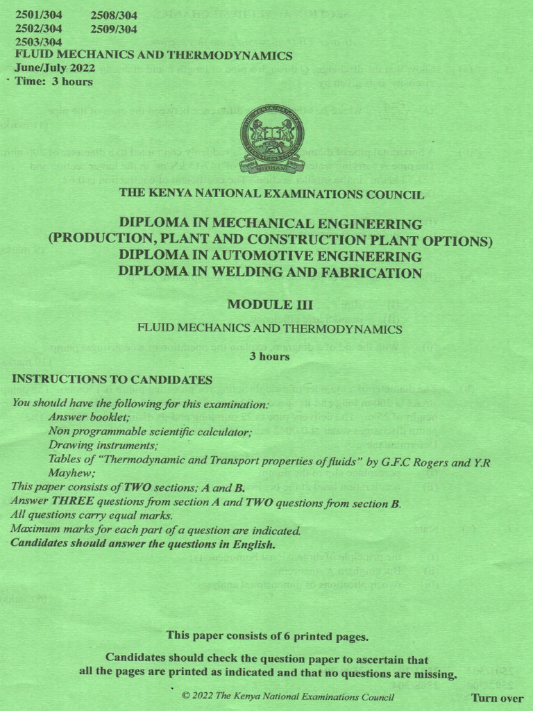 KNEC.2022.Jun-Jul.2503.304-Fluid Mechanics and Thermodynamics | PDF