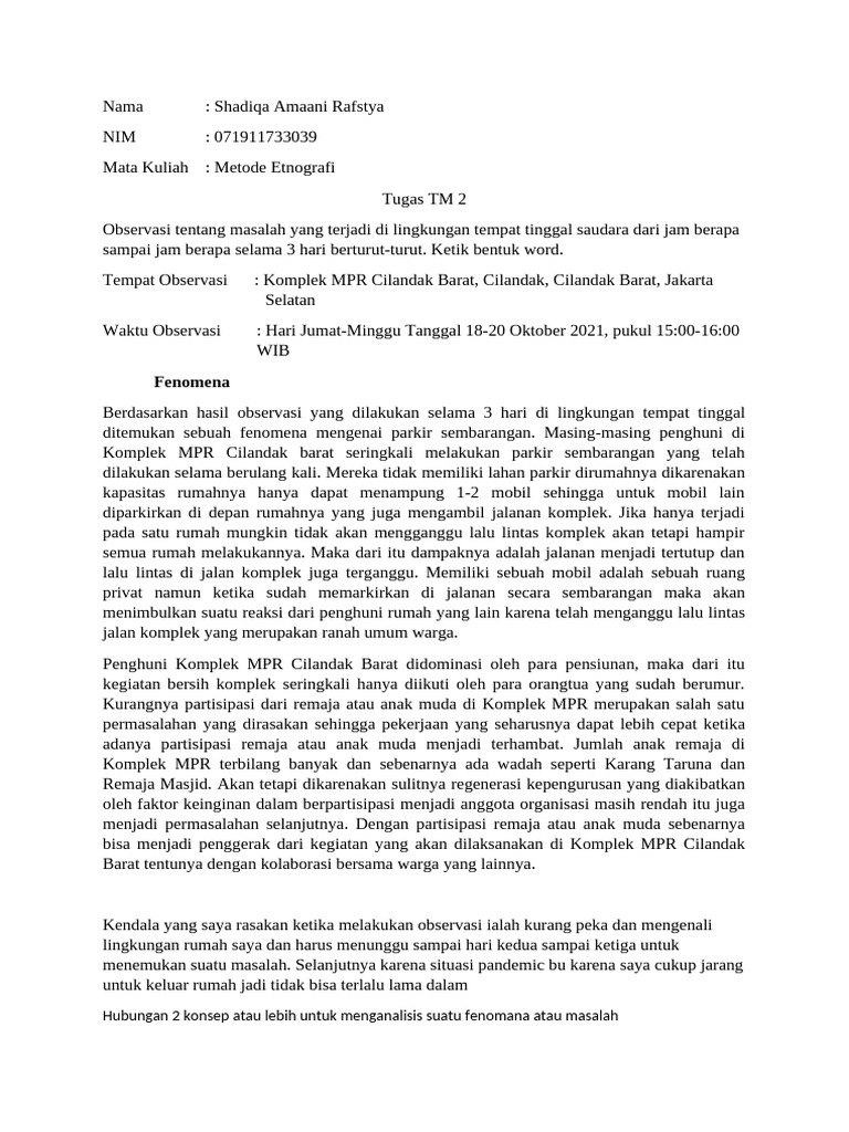 Tugas TM2 Metode Etnografi - Shadiqa Amaani Rafstya - 071911733039 | PDF