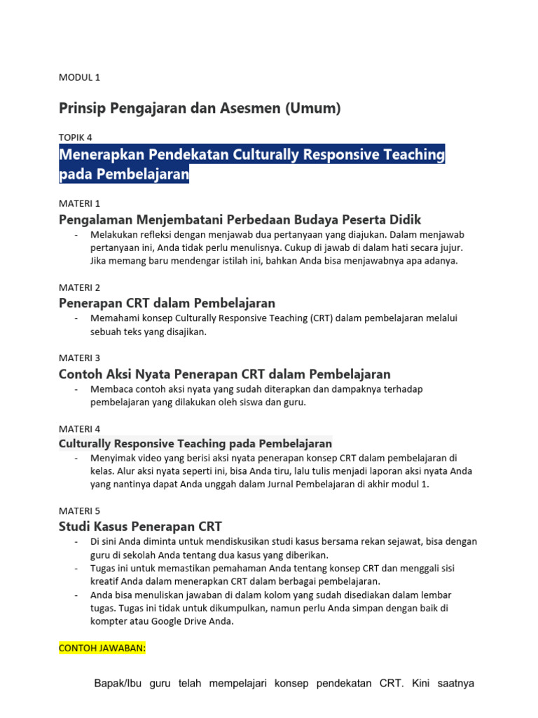 Modul 1 - Topik 4 - Prinsip Pengajaran Dan Asesmen Umum - Menerapkan Pendekatan CRT | PDF