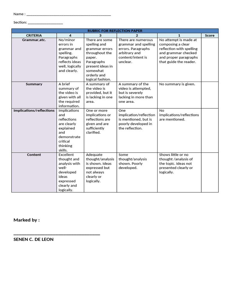 Rubric For Reflection Paper | PDF