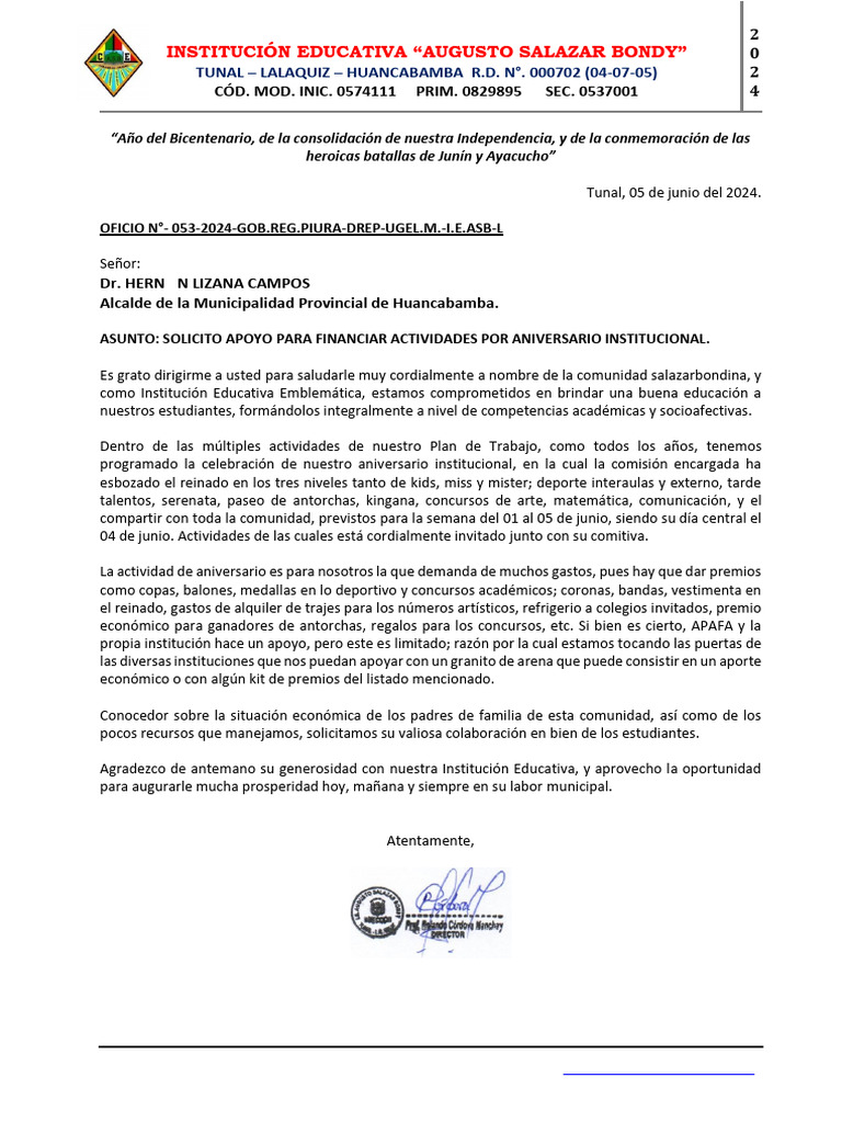 Oficio #053 Apoyo para Aniversario | PDF