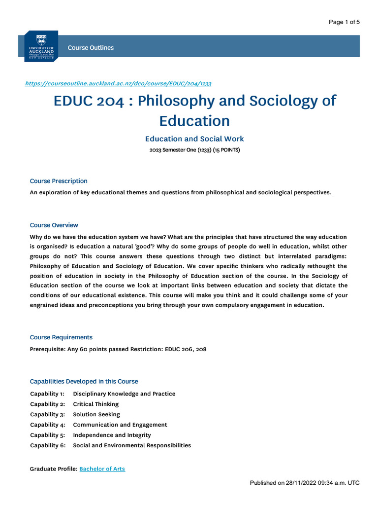 EDUC 204 - 2023 Semester One - Course Outline | PDF | Lecture | Sociology