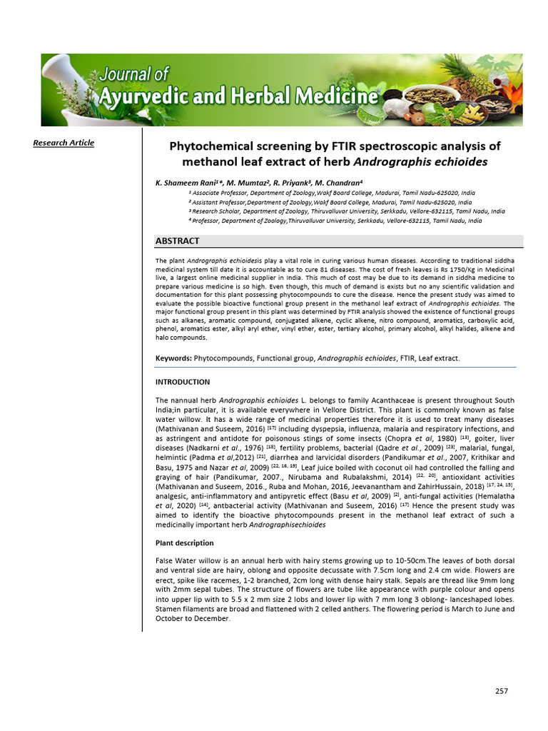 Phytochemical Screening By Ftir Spectroscopic Analysis Of Methanol Leaf Extract Of Herb