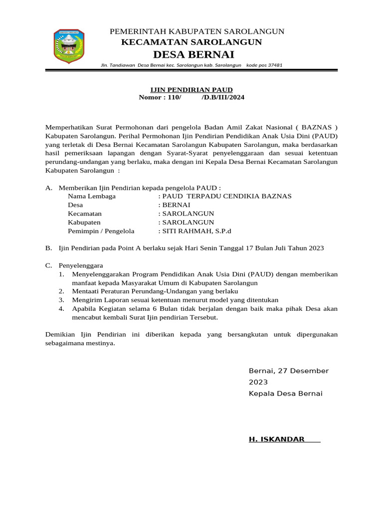 Desa Ijin Pendirian Paud TK | PDF