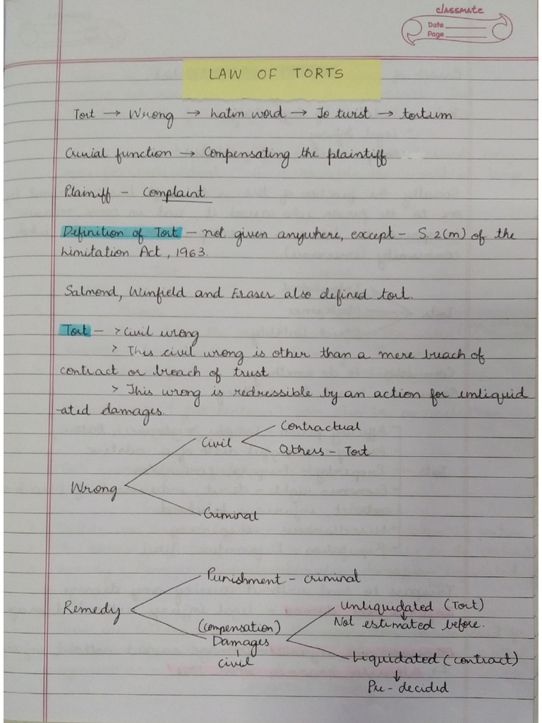 Law of Torts Notes | PDF