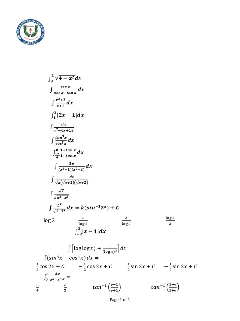 Integrals Worksheet (Revision) | PDF