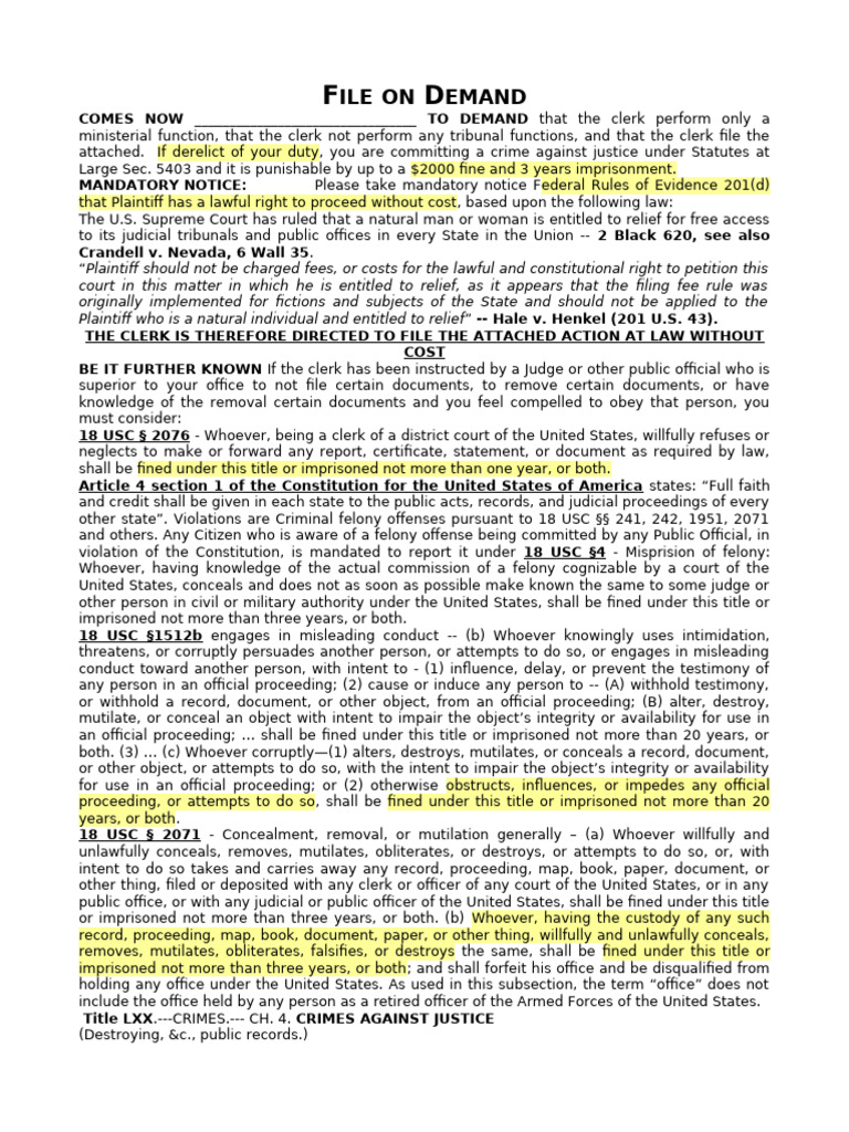 Demand for Filing Without Fees | PDF | Title 18 Of The United States ...