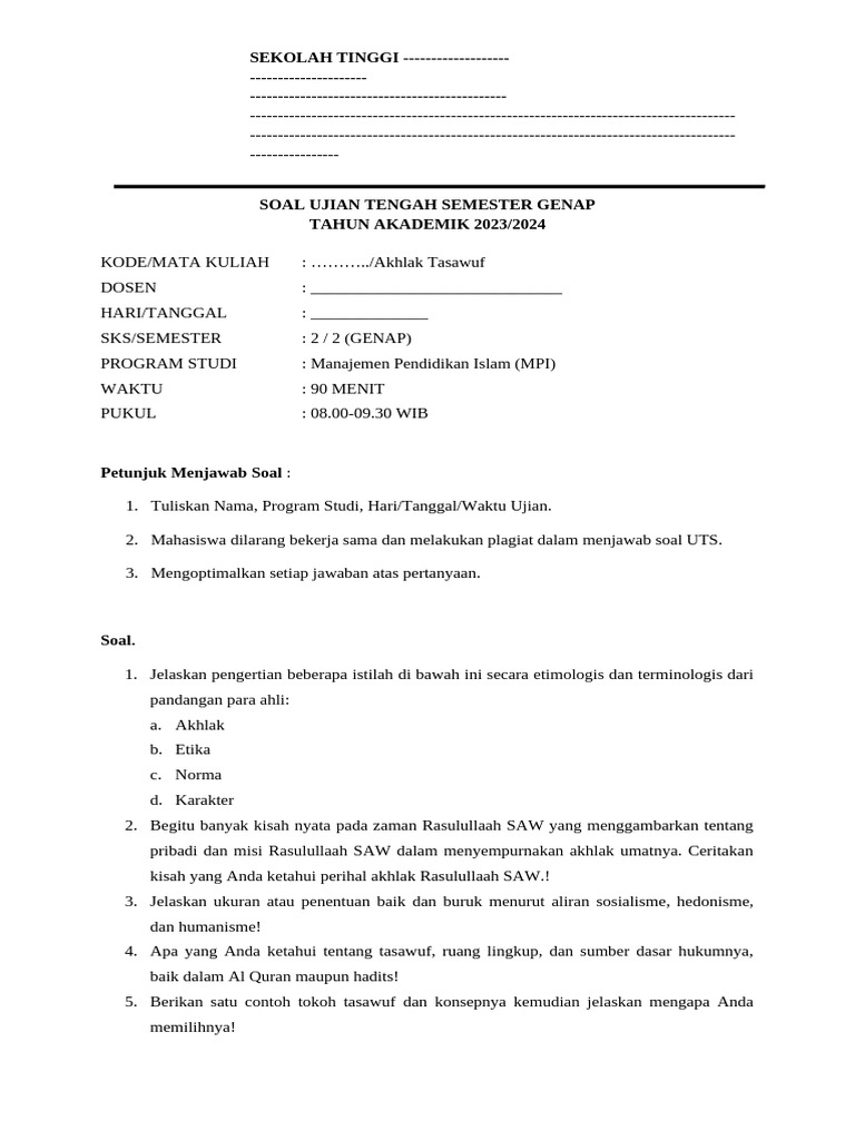 Format Soal UTS MPI Akhlak Tasawuf | PDF