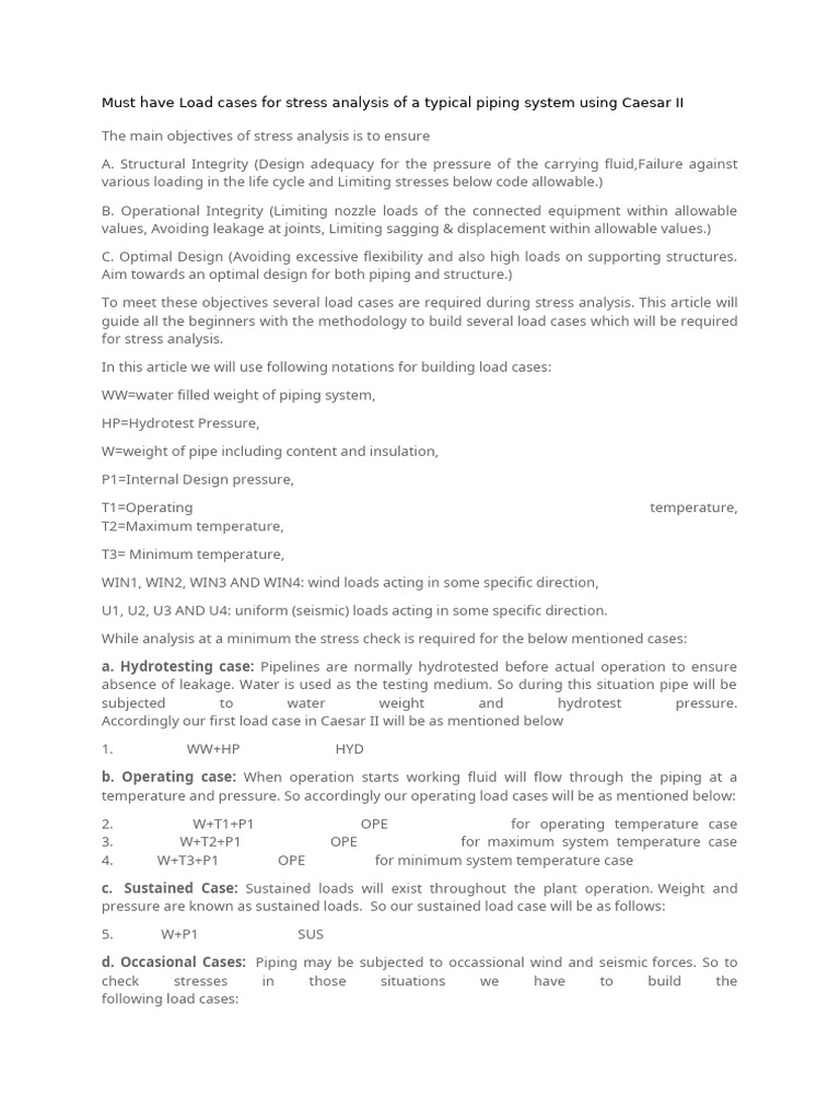 Must Have Load Cases For Stress Analysis of A Typical Piping System Using Caesar II | PDF