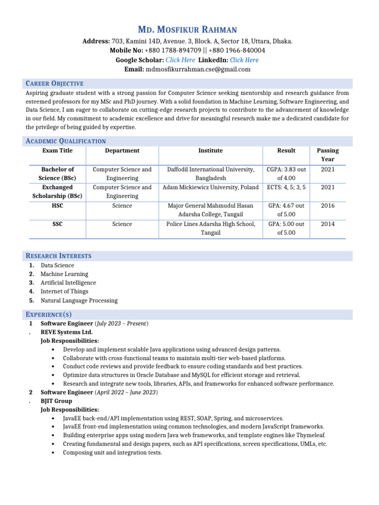 CV - MD Mosfikur Rahman - Academic | PDF