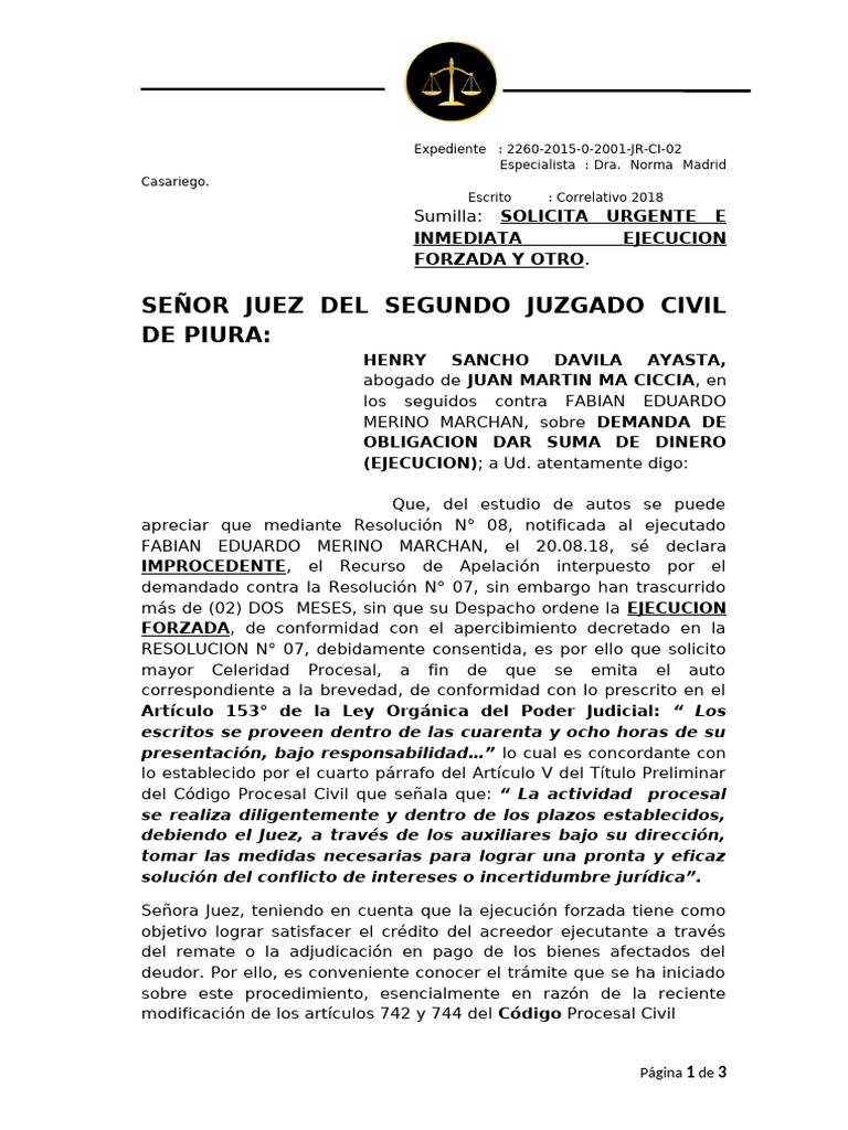 ESCRITO - Ejecucion Forzada y Celeridad-Procesal Martin Ma | PDF | Ley procesal | Derecho