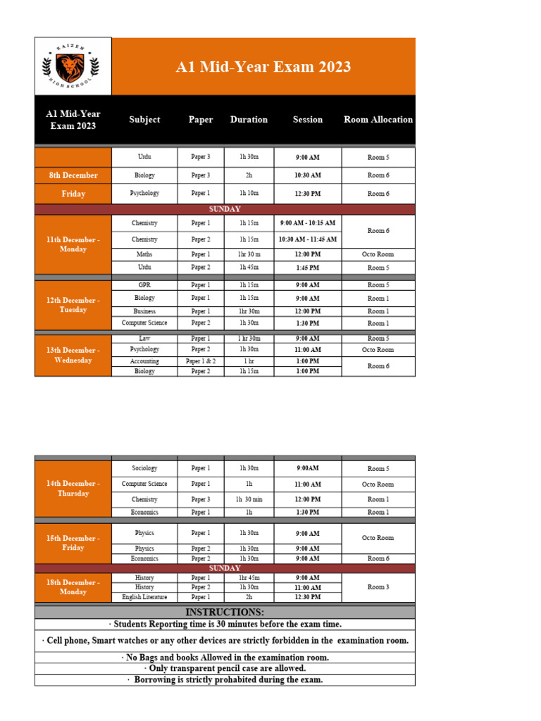 A1 Mid Term Date Sheet 2023 | PDF | Science