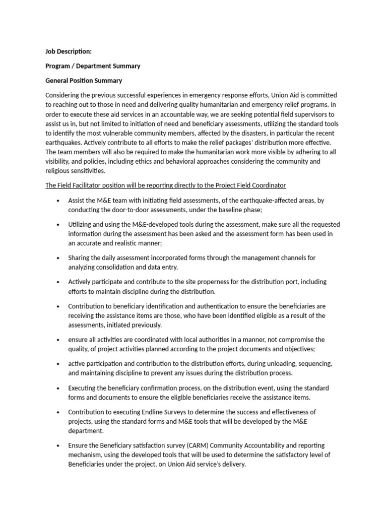 Job Description Union Field Fcilitator | PDF