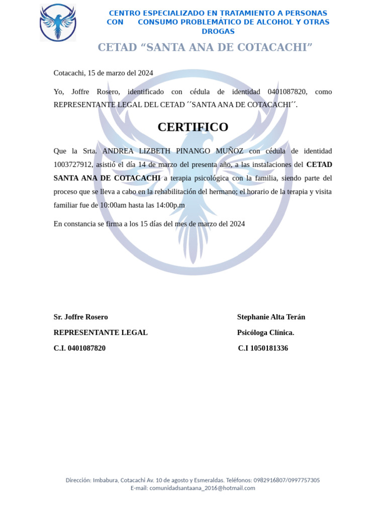 CENTRO Certificado CETAD | PDF