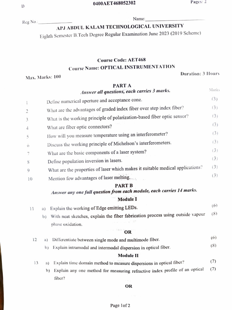 Optical Instrumentation - Previous QP | PDF