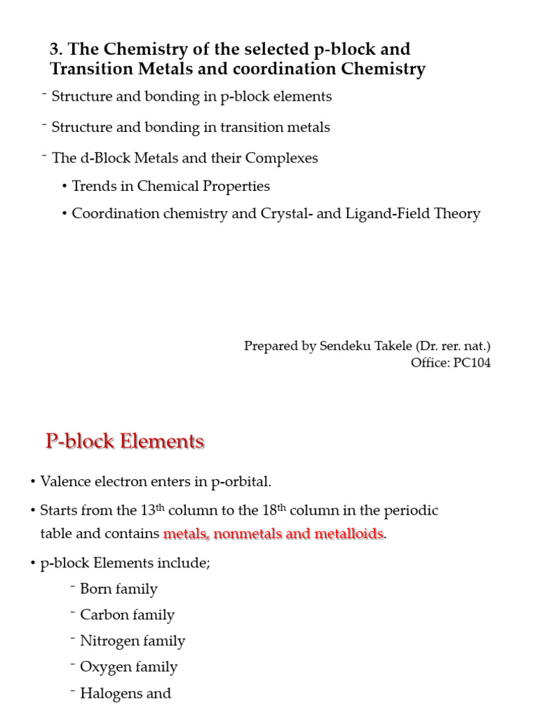 3 Chemistry of The Selected P Block and Transition Metals and Co | PDF