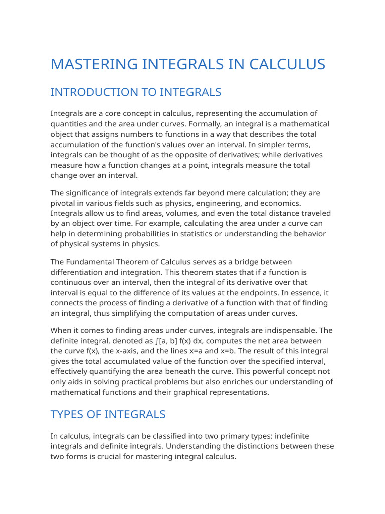 Mastering Integrals In Calculus Pdf