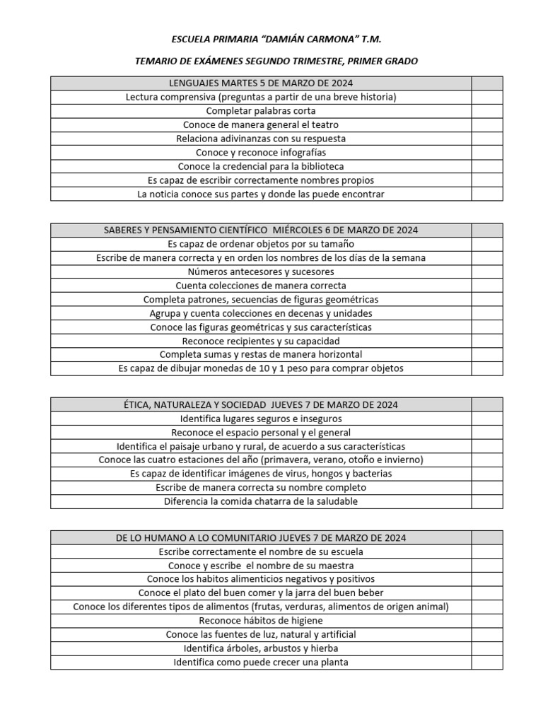 Temario de Examenes Primer Grado Segundo Trimestre PDF | PDF