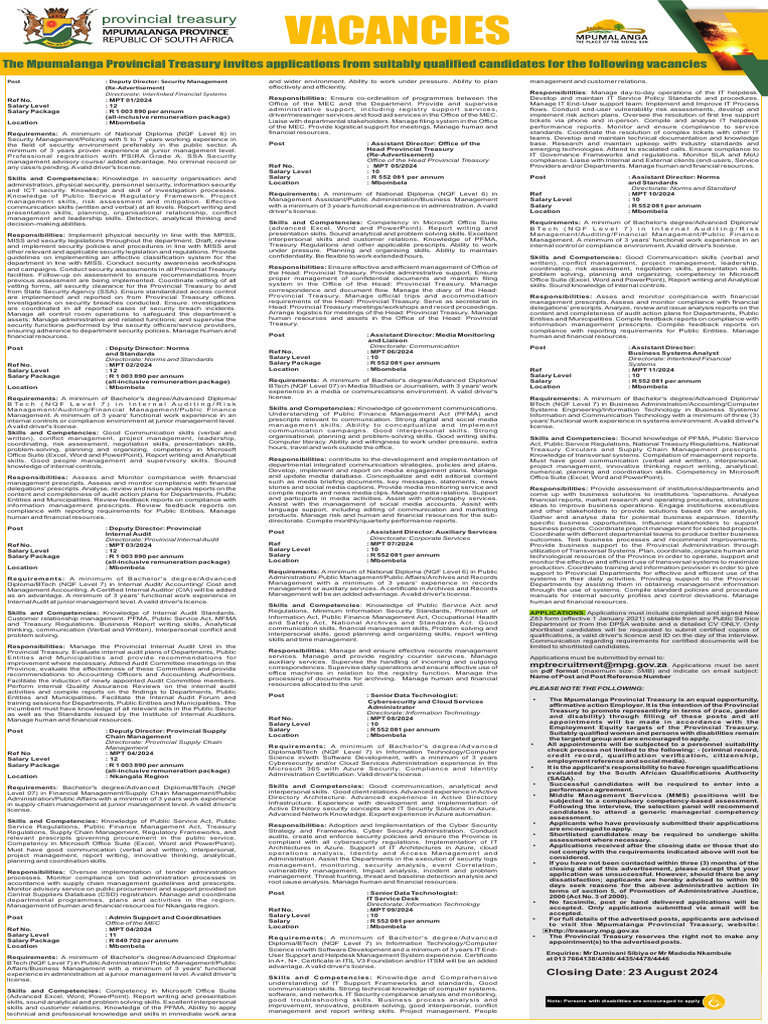 Mpumalanga Provincial Treasury Vacancies | PDF