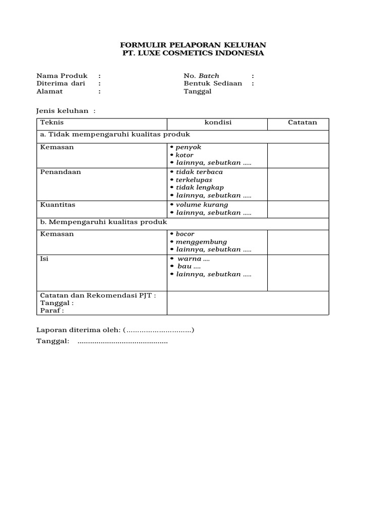 Formulir Pelaporan Keluhan | PDF