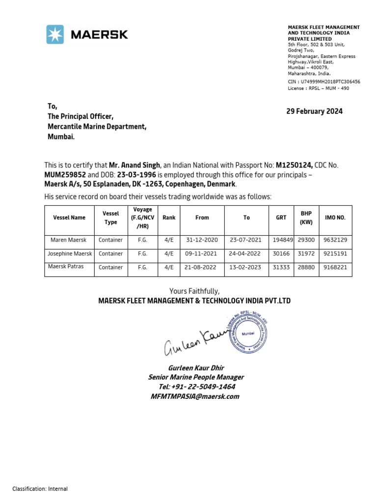 Sea Service Letter - 4E Anand Singh | PDF