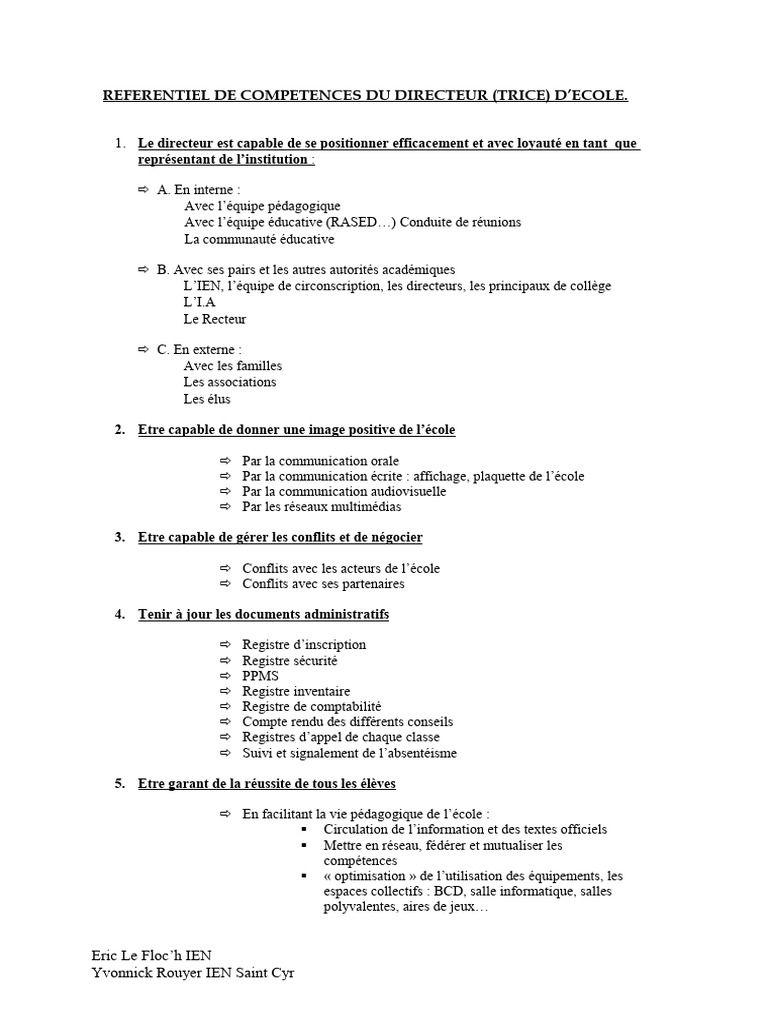 Referentiel de Competences Du Directeur (Trice) D'Ecole | PDF