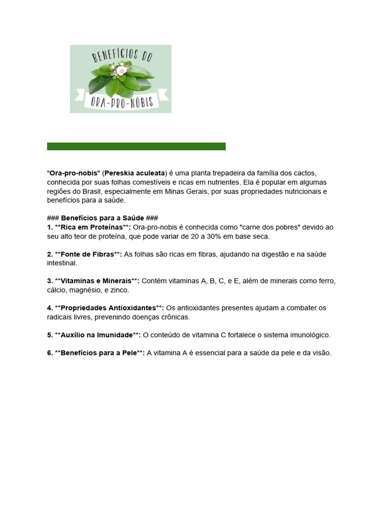 Ora Pro Nobis e Seus Benefícios para Saúde-### | PDF
