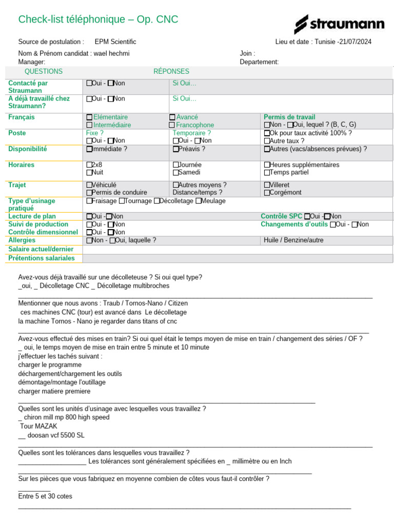 Check List Téléphonique - Op CNC | PDF