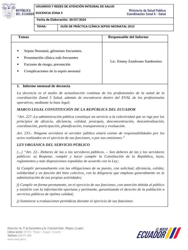 Informe de Docencia Guía de Práctica Clínica Sepsis Neonatal | PDF