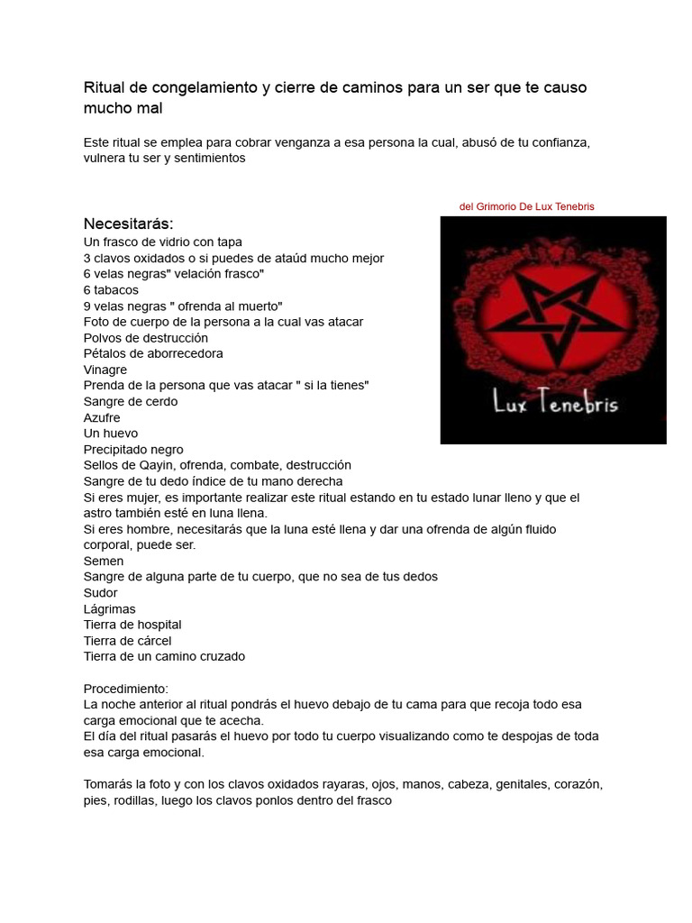 Ritual de Congelamiento y Cierre de Caminos para Un Ser Que Te Causo ...