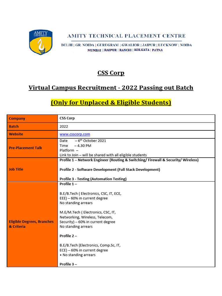 CSS Corp Virtual Campus Recruitment - 2022 Passing Out Batch (Only For Unplaced & Eligible ...