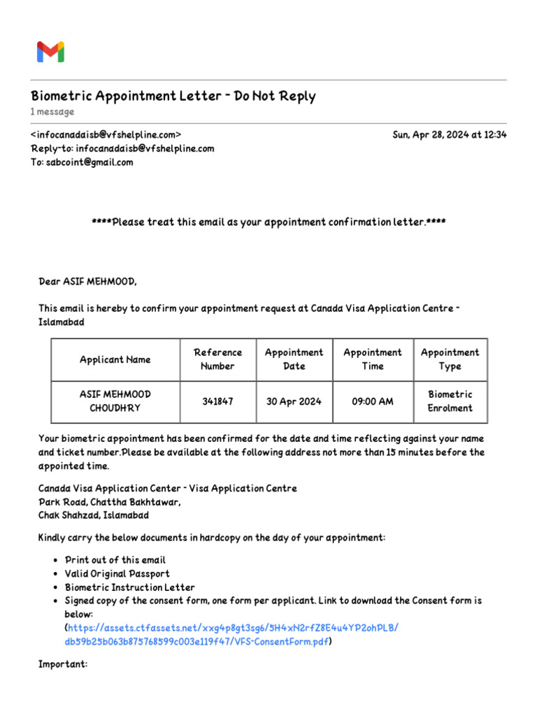 Gmail - Biometric Appointment Letter - Do Not Reply | PDF
