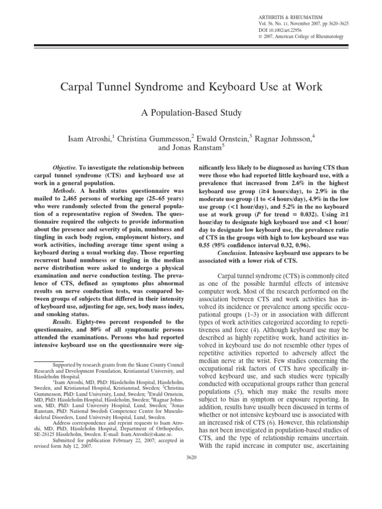 Carpal Tunnel Syndrome and Keyboard Use at Work | PDF