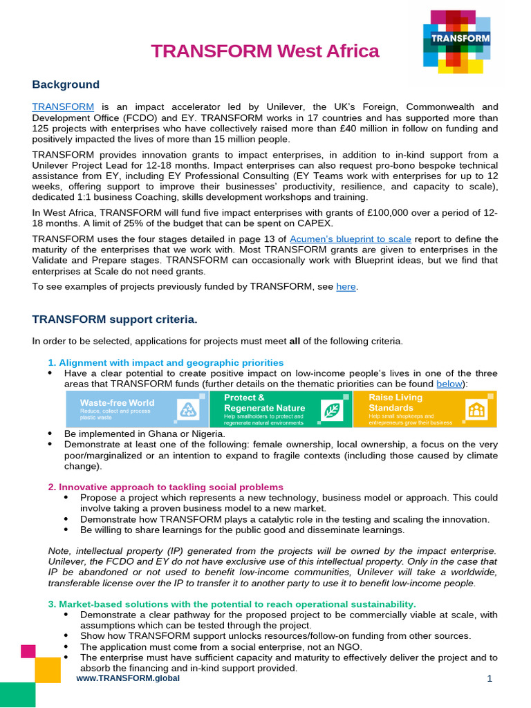 TRANSFORM West Africa Impact Grants | PDF | Supply Chain | Business