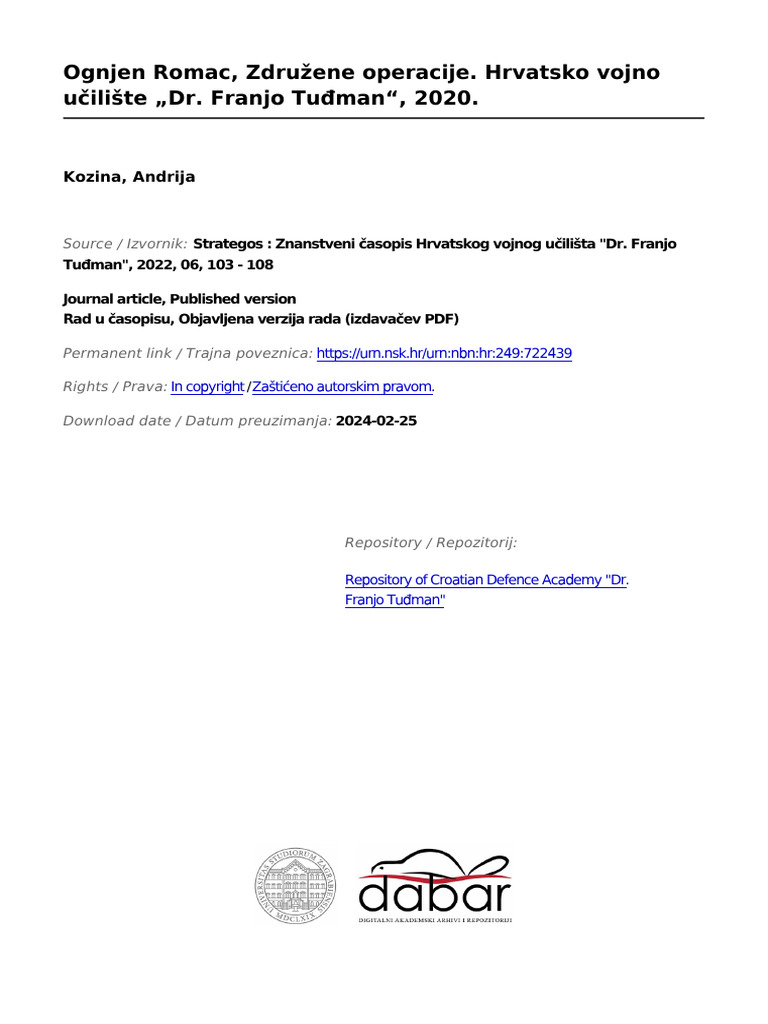 Kozina 2022 Ognjen - Romac - Zdruzene - Operacije - Hrvatsko Vojni - 586 Publishedversion Seycwn ...