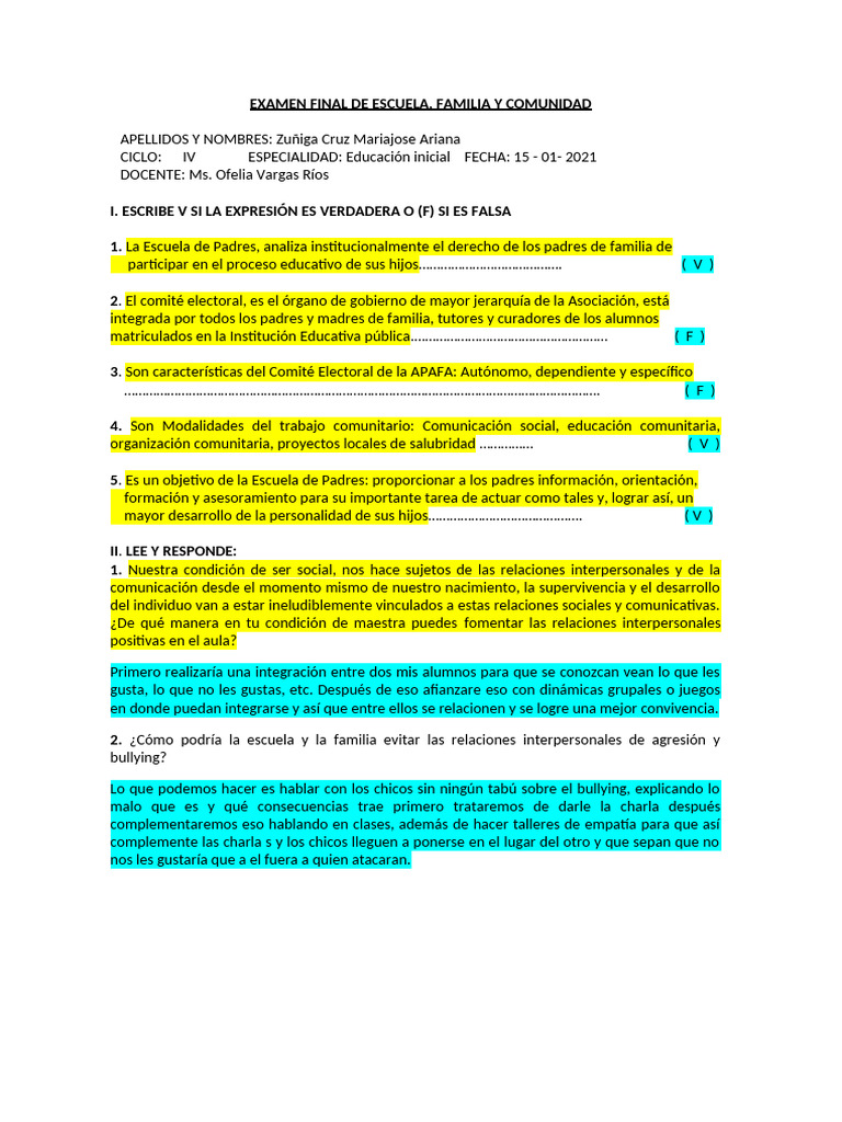 Examen Final-Escuela y Familia | PDF